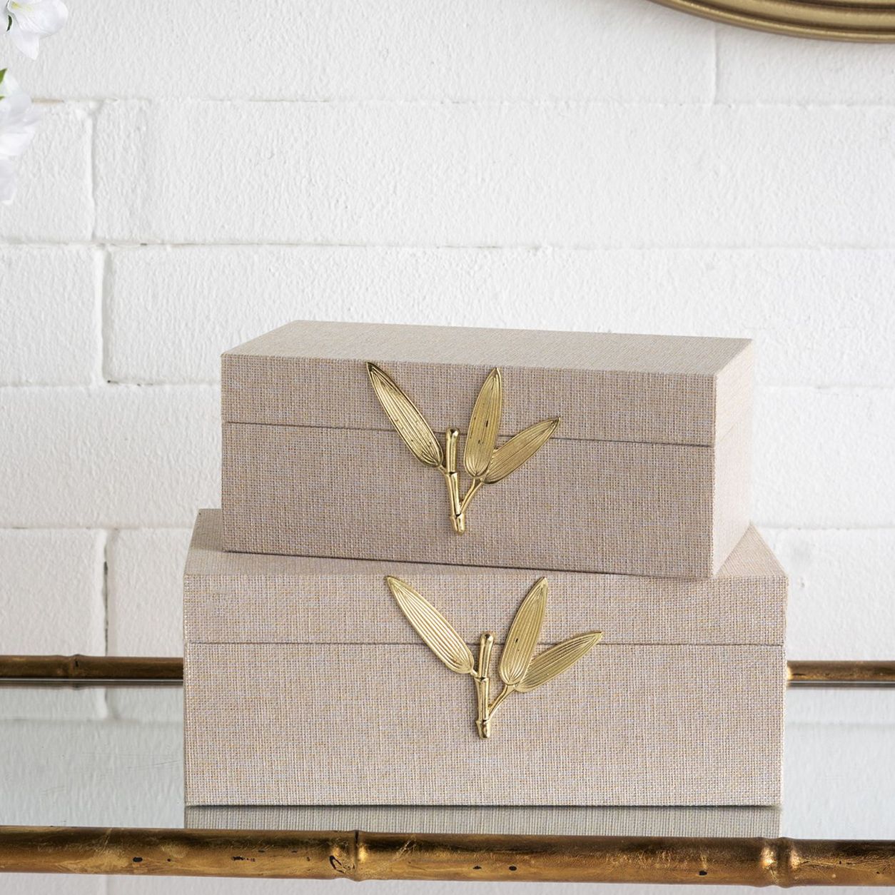 Wood Storage Boxes Textured Gray Linen Gold Leaf Accents Set of 2 ...