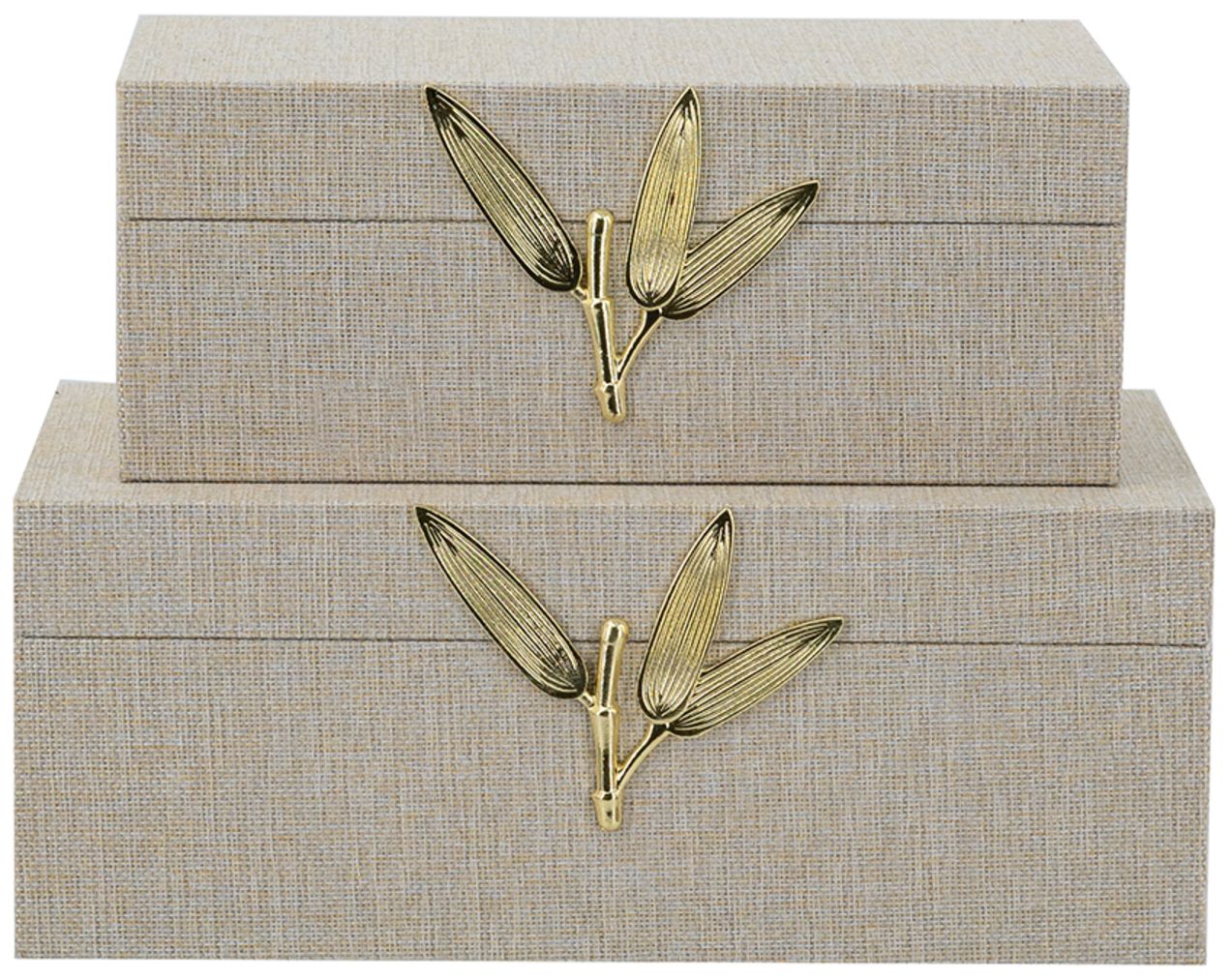 Wood Storage Boxes Textured Gray Linen Gold Leaf Accents Set of 2 ...
