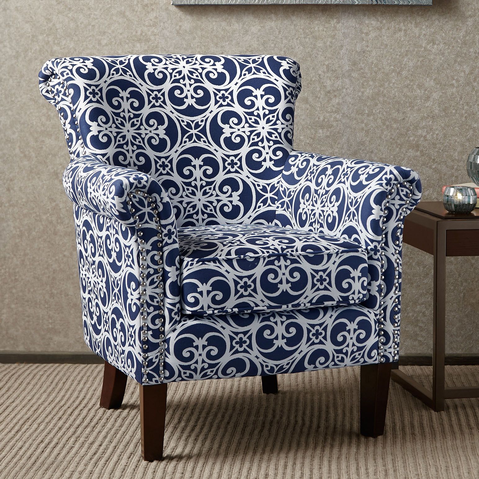 Miri Navy and White Lacy Geometric Pattern Club Chair - #82W85 | Lamps Plus