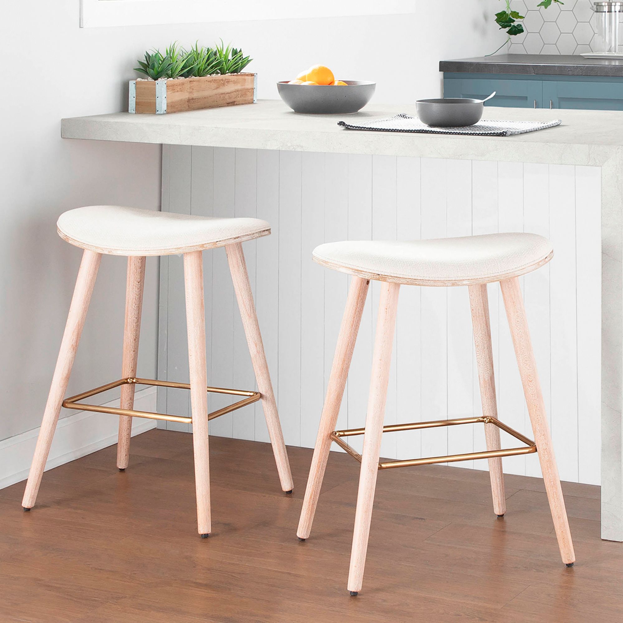 Saddle 25" Cream Fabric Wood Counter Stools Set of 2 - #949T0 | Lamps Plus
