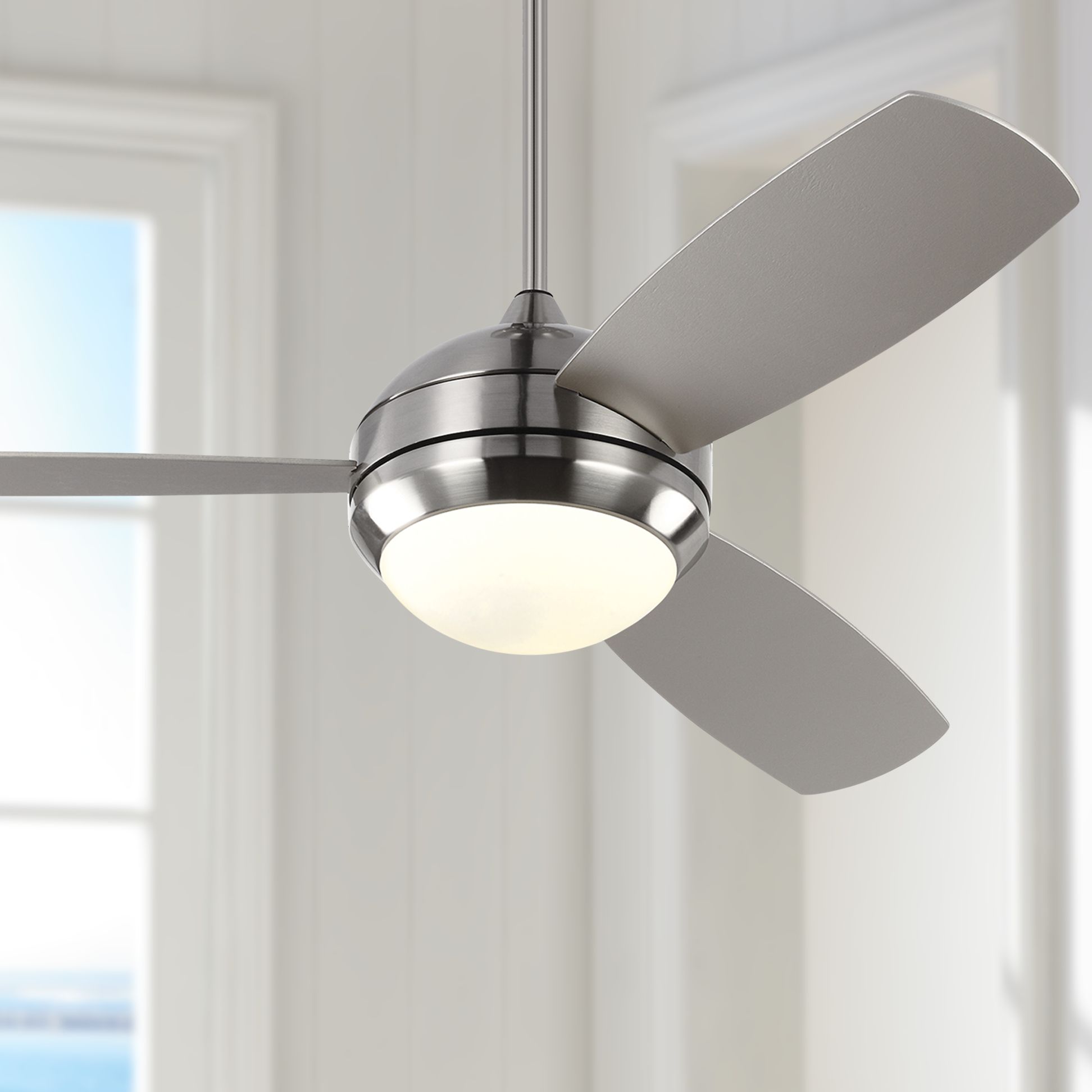 52" Monte Carlo Discus Trio Brushed Steel Damp Rated LED Ceiling Fan ...