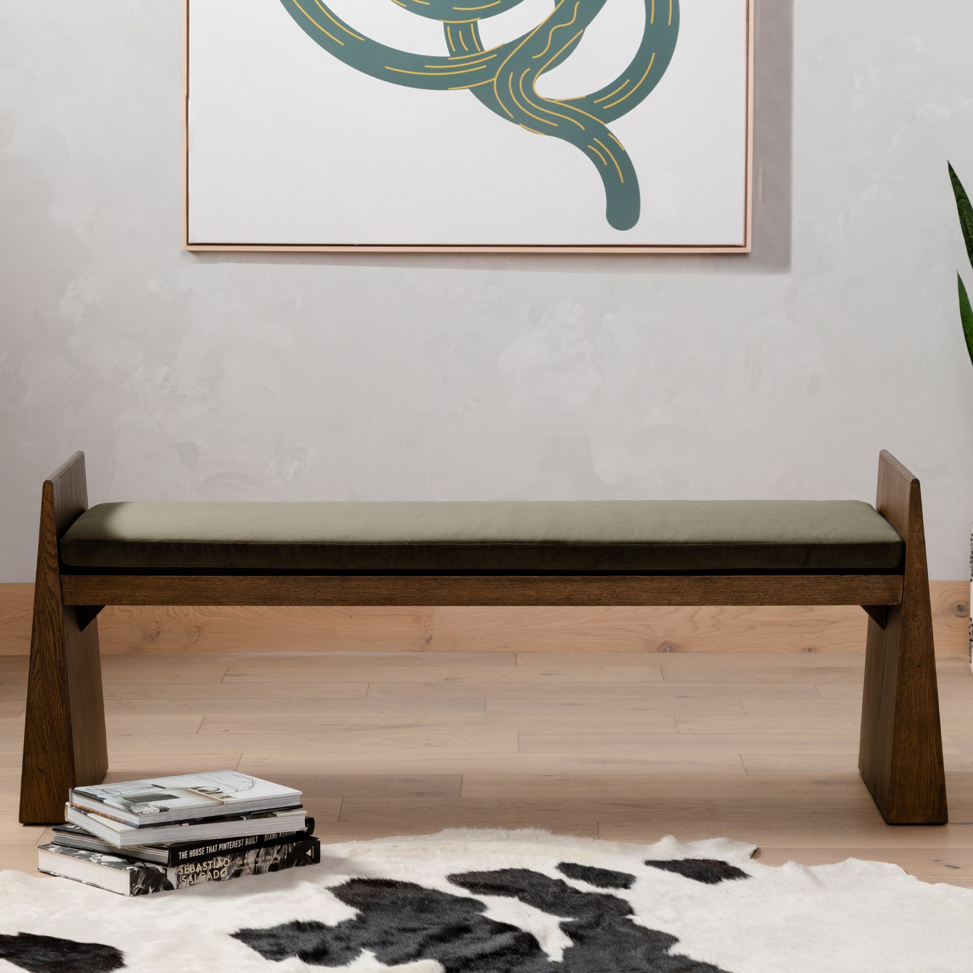 Marco Modern Brown Oak and Velvet Accent Bench - #97N54 | Lamps Plus