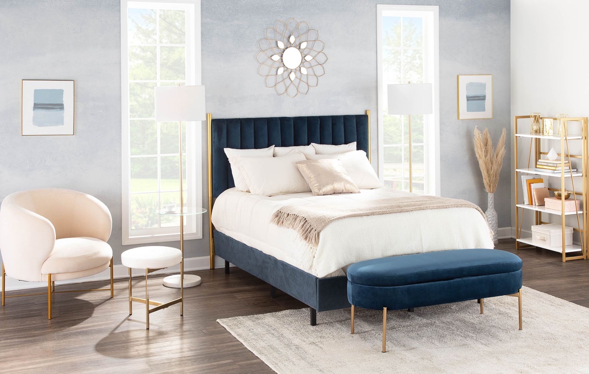 Chloe Blue Velvet and Gold Metal Storage Bench - #94V83 | Lamps Plus