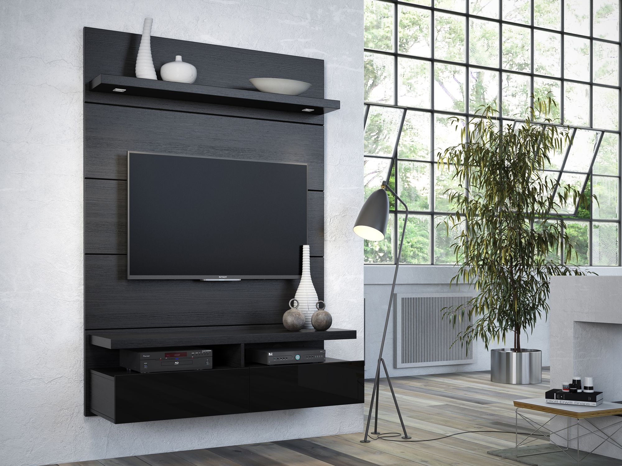 Cabrini 1.2 Black Floating Wall Entertainment Center - #1V080 | Lamps Plus